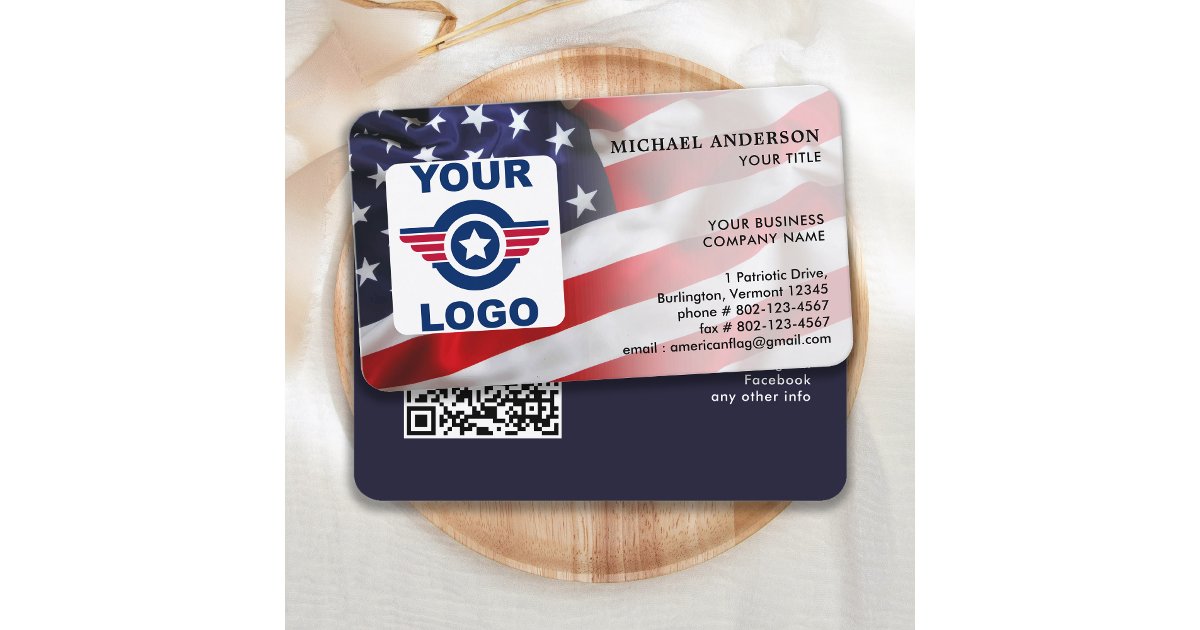 Patriotic Custom Logo QR Code American Flag Business Card | Zazzle