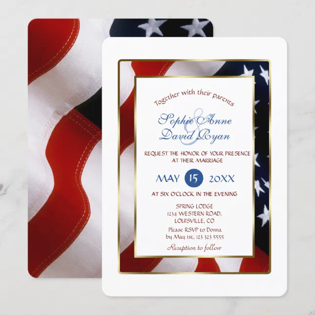 Patriotic, Elegant USA Flag Gold Frame Wedding Invitation | Zazzle
