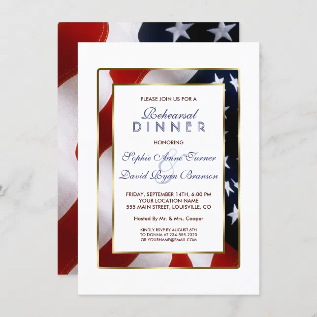 Patriotic, Elegant USA Flag Gold Rehearsal Dinner Invitation | Zazzle