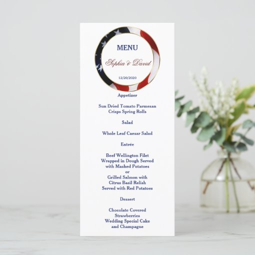 Patriotic, Elegant USA Flag Gold Wedding Menu | Zazzle