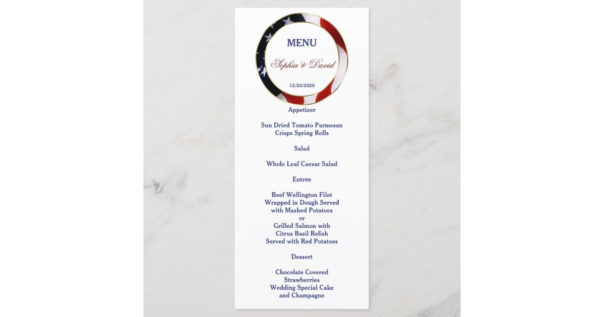 Patriotic, Elegant USA Flag Gold Wedding Menu | Zazzle