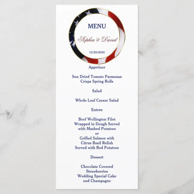 Patriotic, Elegant USA Flag Gold Wedding Menu | Zazzle