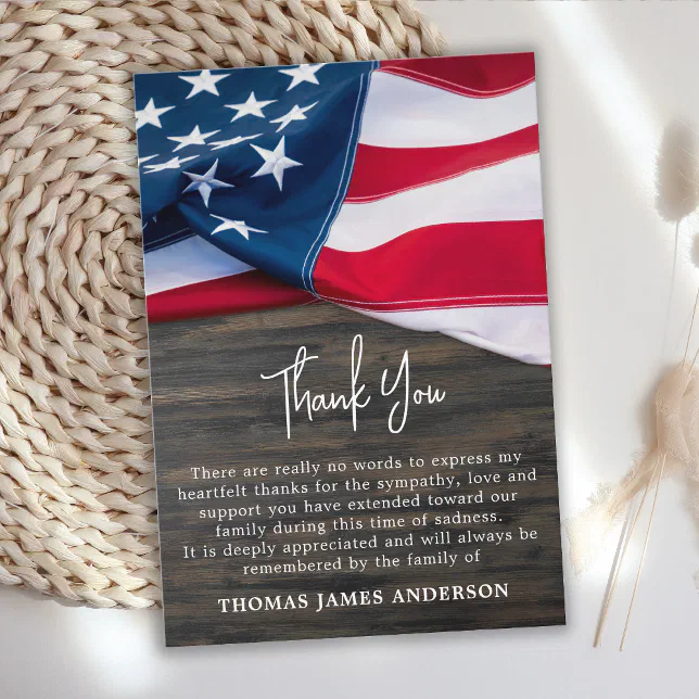 Patriotic Flag Sympathy Military Veteran Funeral Thank You Card | Zazzle