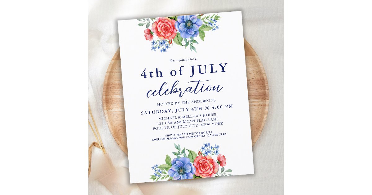 Patriotic Floral Red White Blue 4th Of July Party Invitation Postcard ...