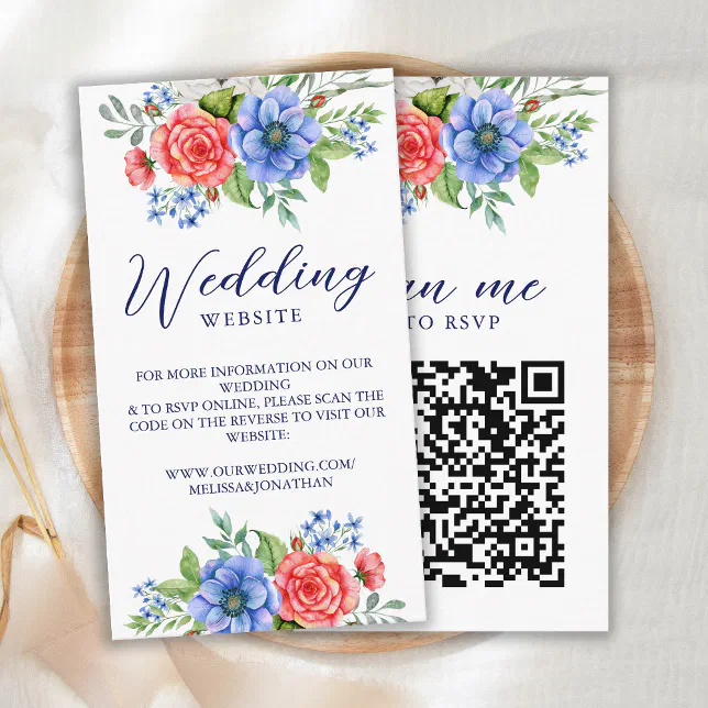 Patriotic Floral Red White Blue Wedding QR code Enclosure Card | Zazzle