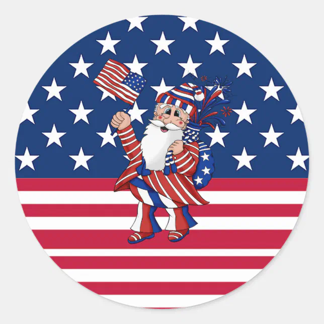 Patriotic Fourth of July American USA Flag Santa Classic Round Sticker ...