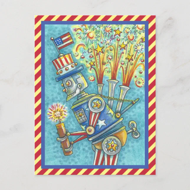 PATRIOTIC FOURTH OF JULY FIRWORKS ROBOT POSTCARD | Zazzle
