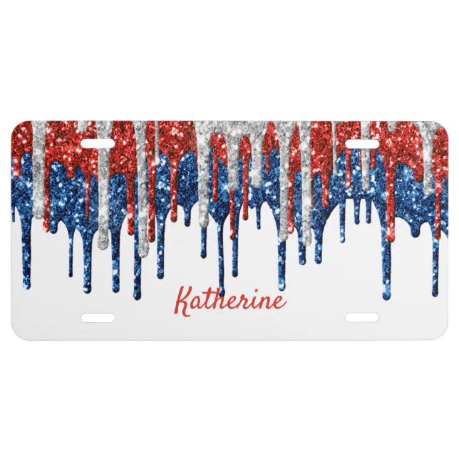 Patriotic Glitter Drip Border License Plate | Zazzle