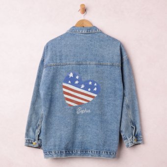 Patriotic Heart | Red White and Blue with Stars Denim Jacket | Zazzle