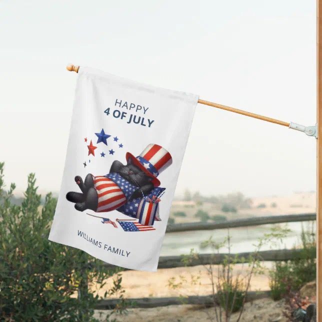 Patriotic Lazy Black Cat 4th Of July House Flag | Zazzle