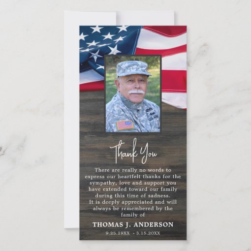 Patriotic Memorial Photo Sympathy Military Funeral Thank You Card | Zazzle