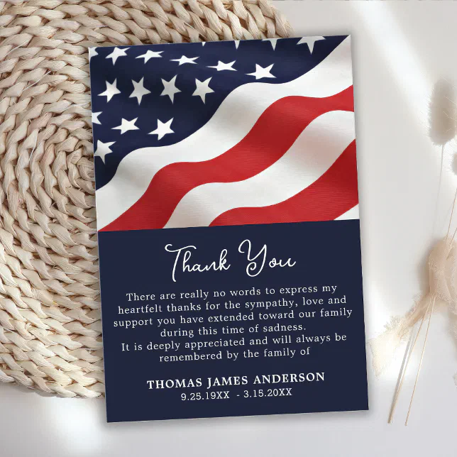 Patriotic Memorial Veteran American Flag Funeral Thank You Card | Zazzle