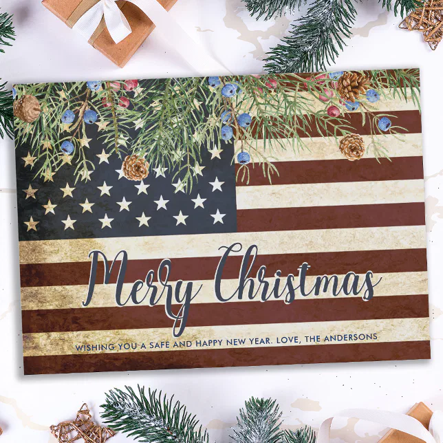 Patriotic Merry Christmas Vintage American Flag Note Card | Zazzle