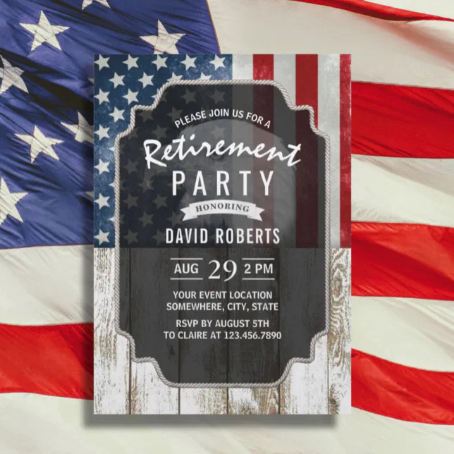 Patriotic Military Retirement USA Flag Rustic Wood Invitation | Zazzle