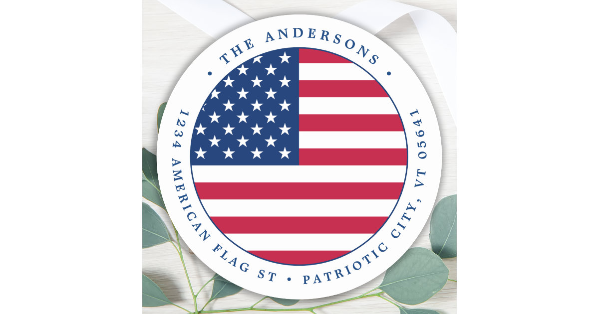 Patriotic Personalize American Flag Return Address Classic Round ...
