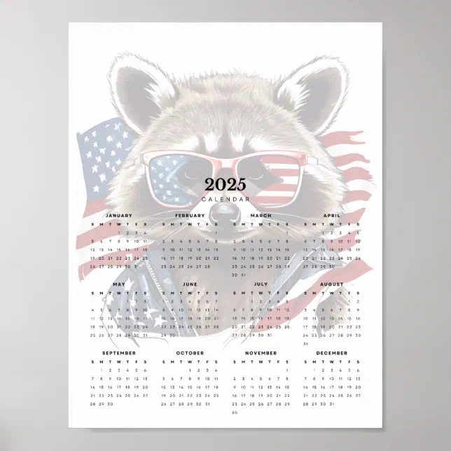 Patriotic Raccoon Red White Blue 2025 Calendar Poster | Zazzle