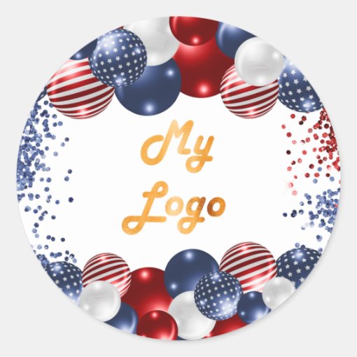 Patriotic red white blue flag usa business logo classic round sticker ...