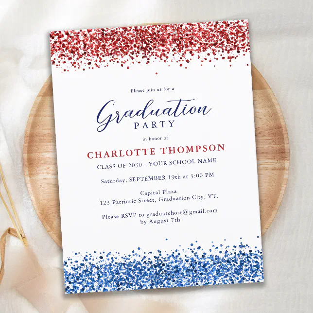 Patriotic Red White Blue Modern Glitter Graduation Invitation Postcard ...