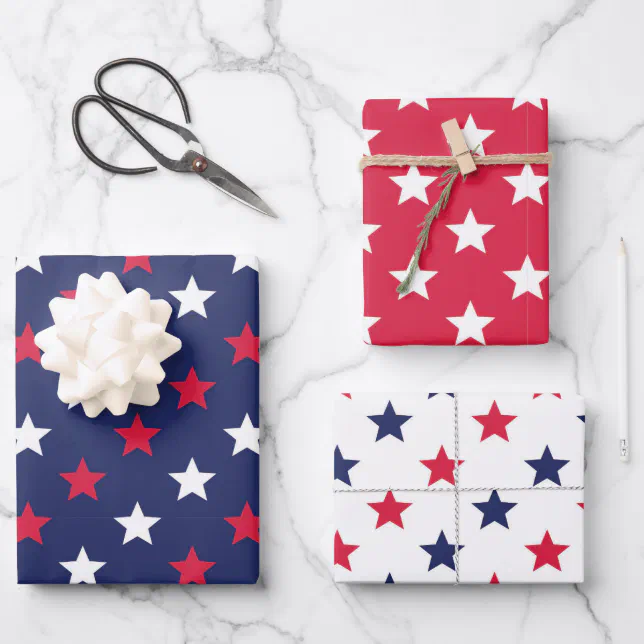 Patriotic Red White Blue Stars American Wrapping Paper Sheets | Zazzle