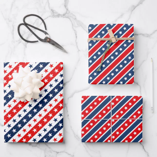 Patriotic Red, White & Blue USA Flag Patterns Wrapping Paper Sheets ...