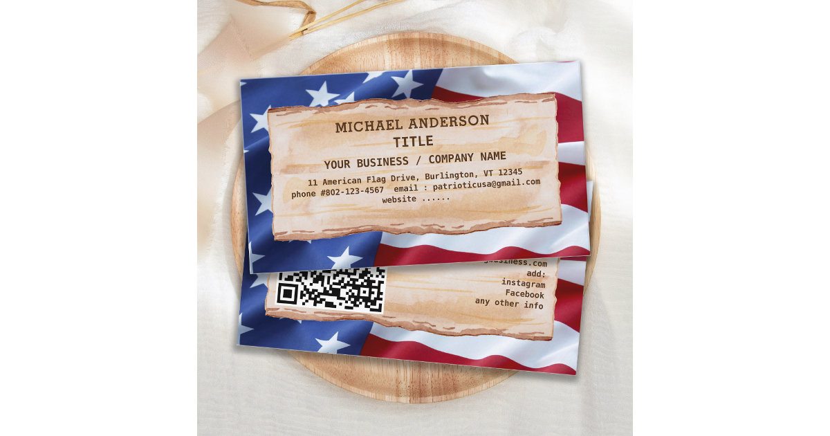 Patriotic Rustic Wood USA American Flag QR Code Business Card | Zazzle