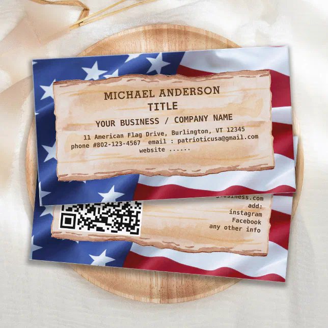 Patriotic Rustic Wood USA American Flag QR Code Business Card | Zazzle
