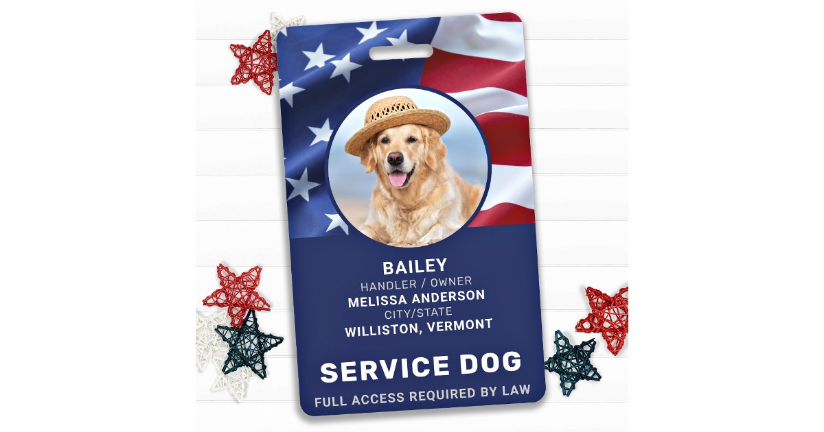 Patriotic Service Dog American Flag Photo ID Badge | Zazzle