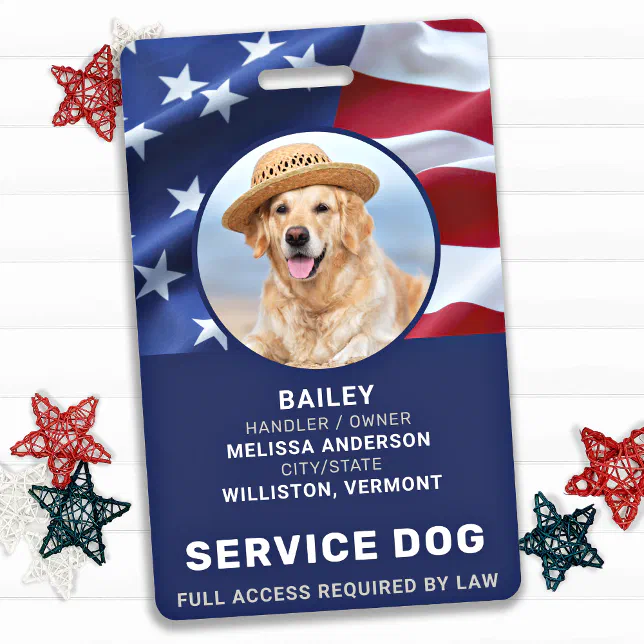 Patriotic Service Dog American Flag Photo ID Badge | Zazzle
