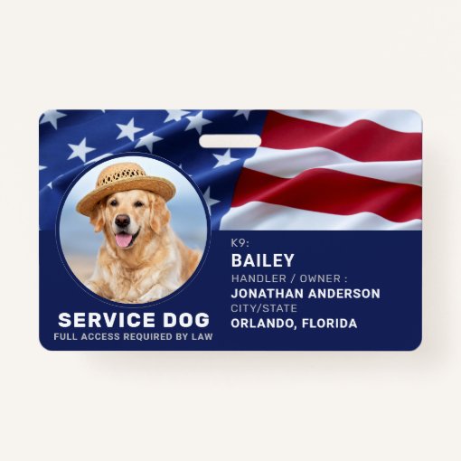 Patriotic Service Dog USA American Flag Photo ID Badge | Zazzle
