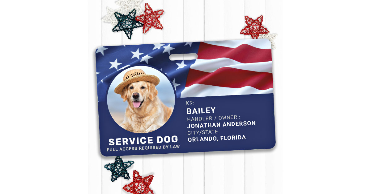 Patriotic Service Dog USA American Flag Photo ID Badge | Zazzle