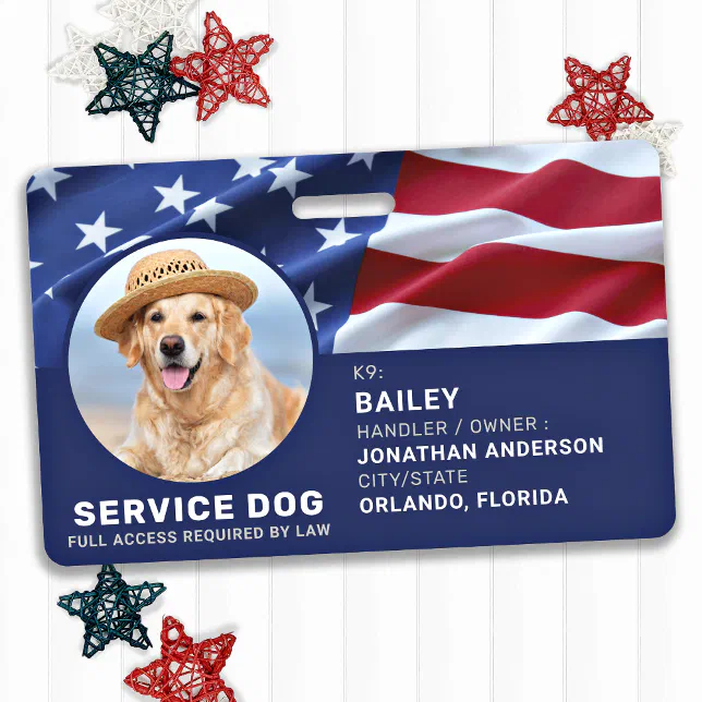 Patriotic Service Dog USA American Flag Photo ID Badge | Zazzle