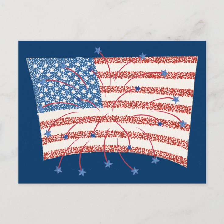 Patriotic Star Fireworks on Pointillism U S Flag Postcard | Zazzle