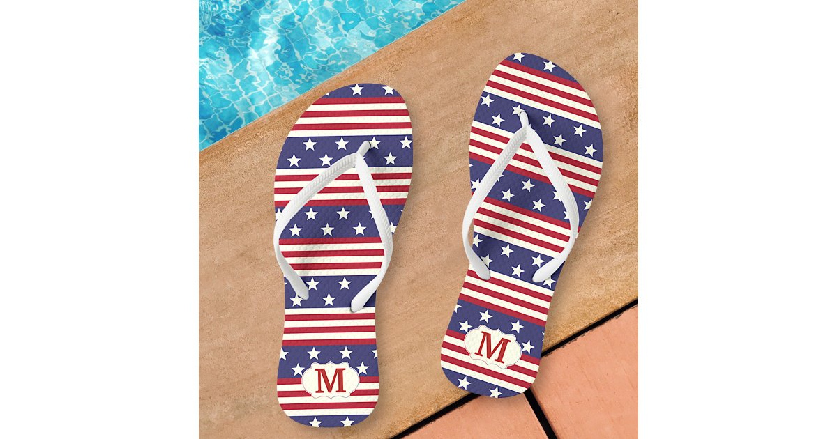 Patriotic Stars and Stripes American | Monogrammed Flip Flops | Zazzle
