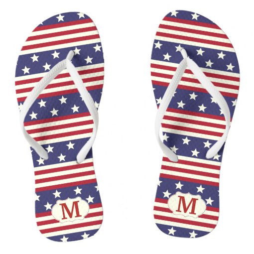 Patriotic Stars and Stripes American | Monogrammed Flip Flops | Zazzle