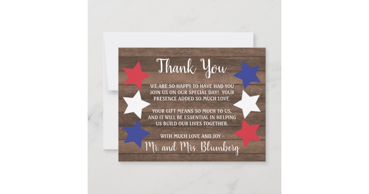 Patriotic Stars Rustic 4th of July Thank You Note Invitation | Zazzle
