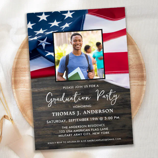 Patriotic US Flag Custom Photo Military Graduation Invitation | Zazzle