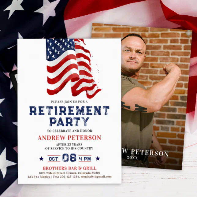 Patriotic US Flag Photo Portrait Retirement Party Invitation | Zazzle