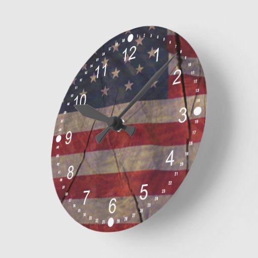 Patriotic US Flag Segment Over Rustic Cracked Wood Round Clock | Zazzle