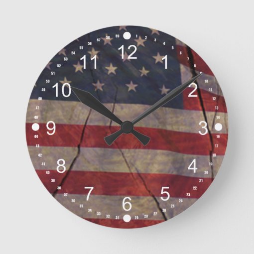 Patriotic US Flag Segment Over Rustic Cracked Wood Round Clock | Zazzle