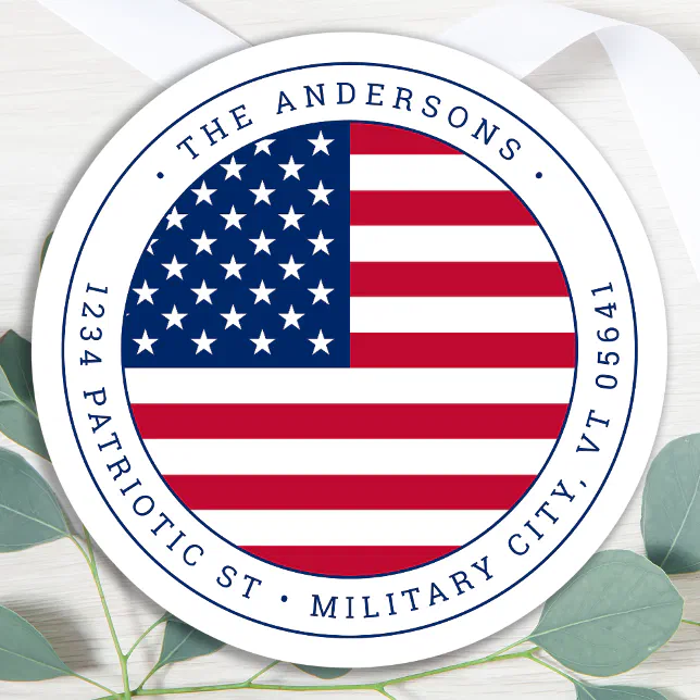 Patriotic USA American Flag Circle Return Address Classic Round Sticker ...