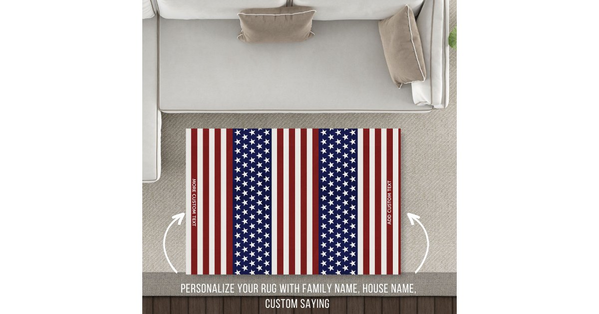 Patriotic USA American Flag Personalized Text Rug | Zazzle