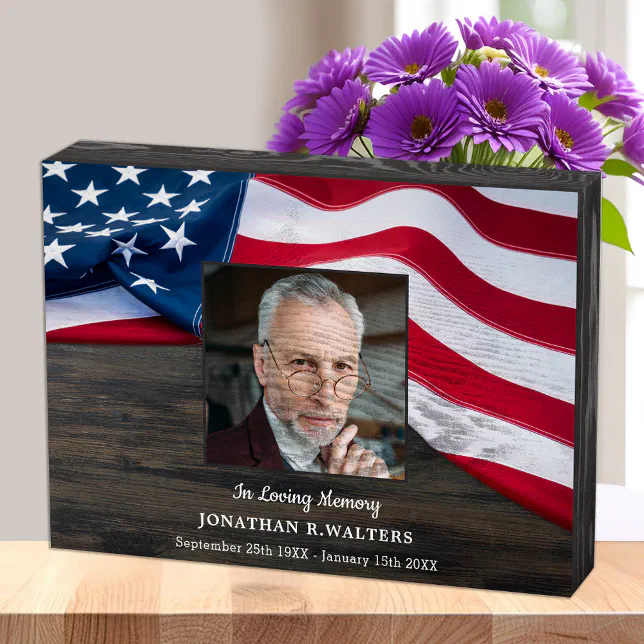 Patriotic USA American Flag Photo Memorial Wooden Box Sign | Zazzle