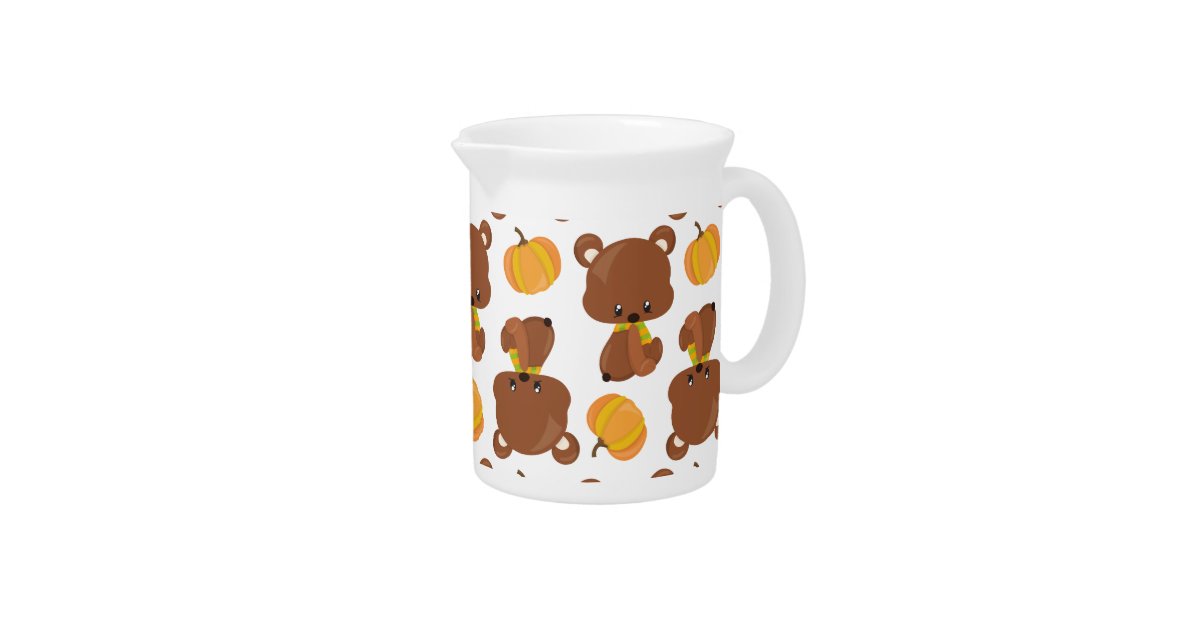 Pattern Of Bears, Cute Bears, Fall, Pumpkins Beverage Pitcher | Zazzle