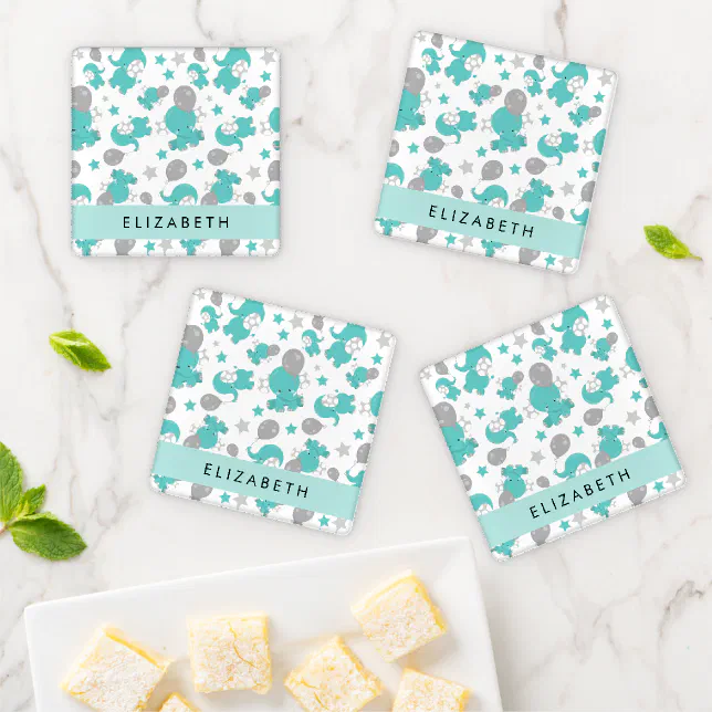 Pattern Of Blue Elephants, Stars, Your Name Coaster Set | Zazzle