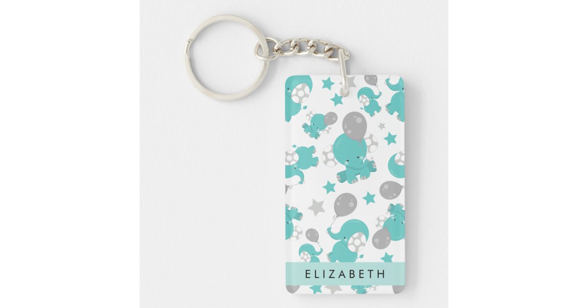 Pattern Of Blue Elephants, Stars, Your Name Keychain | Zazzle