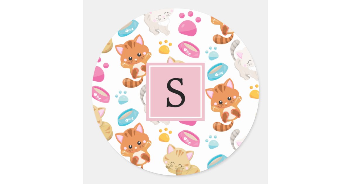 Pattern Of Cats, Cute Cats, Kitty, Monogram Classic Round Sticker | Zazzle