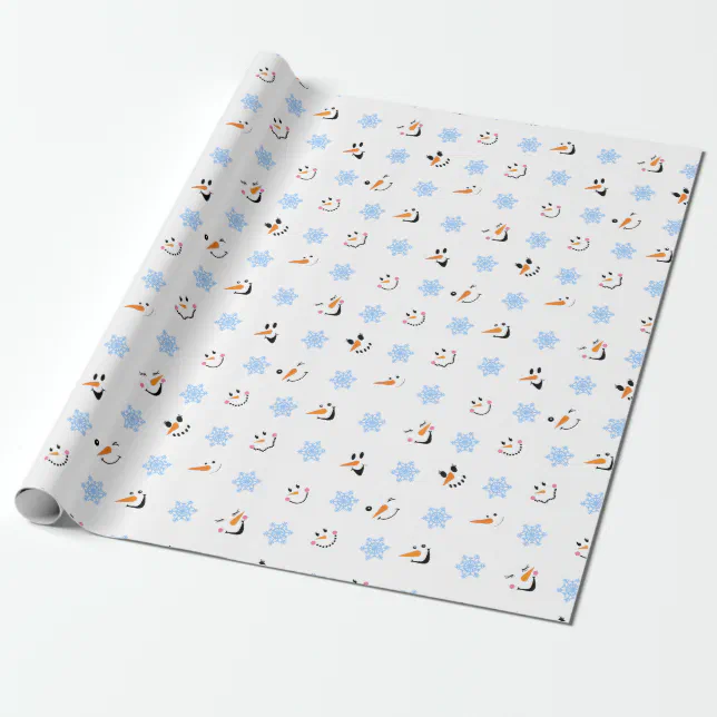 Pattern Of Cool Snowmen Faces, Blue Snowflakes Wrapping Paper | Zazzle