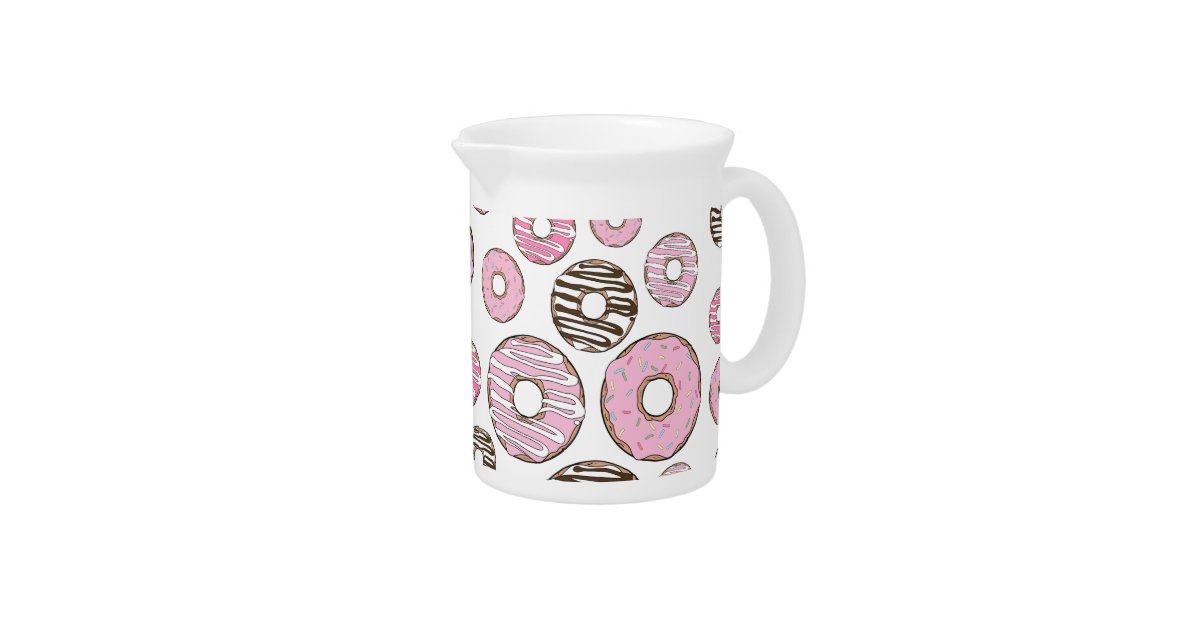 Pattern Of Donuts, Pink Donuts, White Donuts Beverage Pitcher | Zazzle