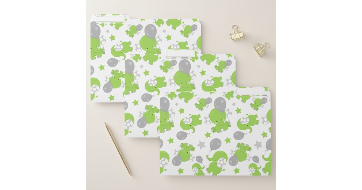 Pattern Of Green Elephants, Cute Elephants, Stars File Folder | Zazzle