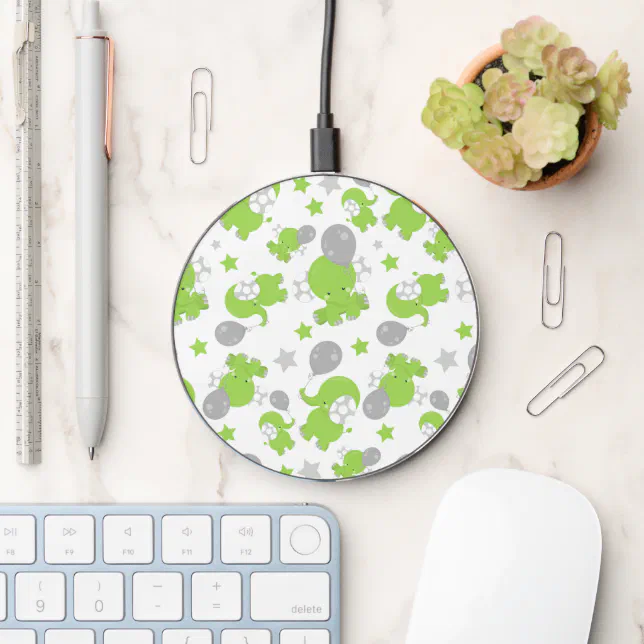 Pattern Of Green Elephants, Cute Elephants, Stars Wireless Charger | Zazzle